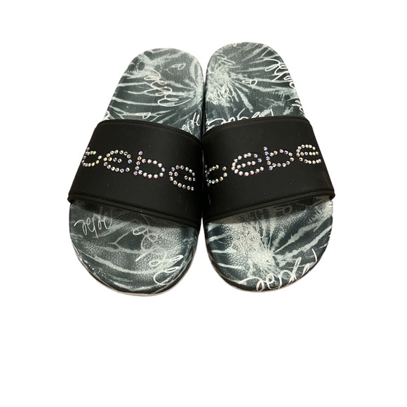 bebe | Shoes | Bebe Slides Sandals Flip Flops Black Wrhinestone Logo ...